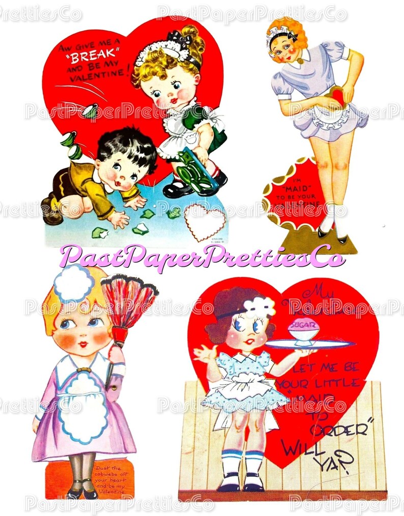 Vintage Printable Valentines Day Cards Cute Merry Maids Themed Collage ...