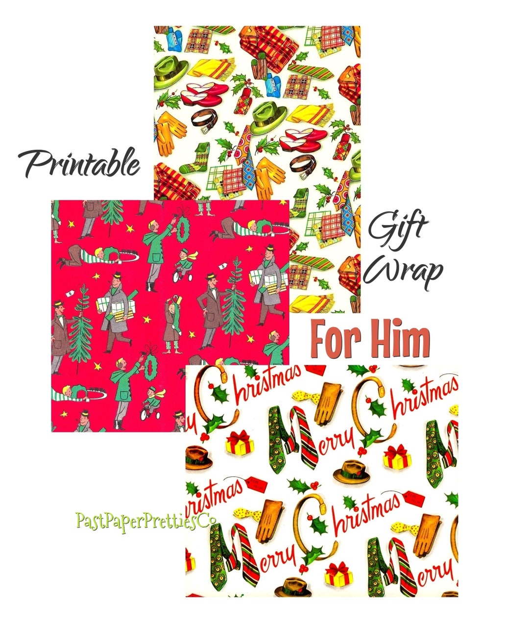 Vintage Printable Retro Christmas Gift Wrap for Him 3 Mens Masculine ...