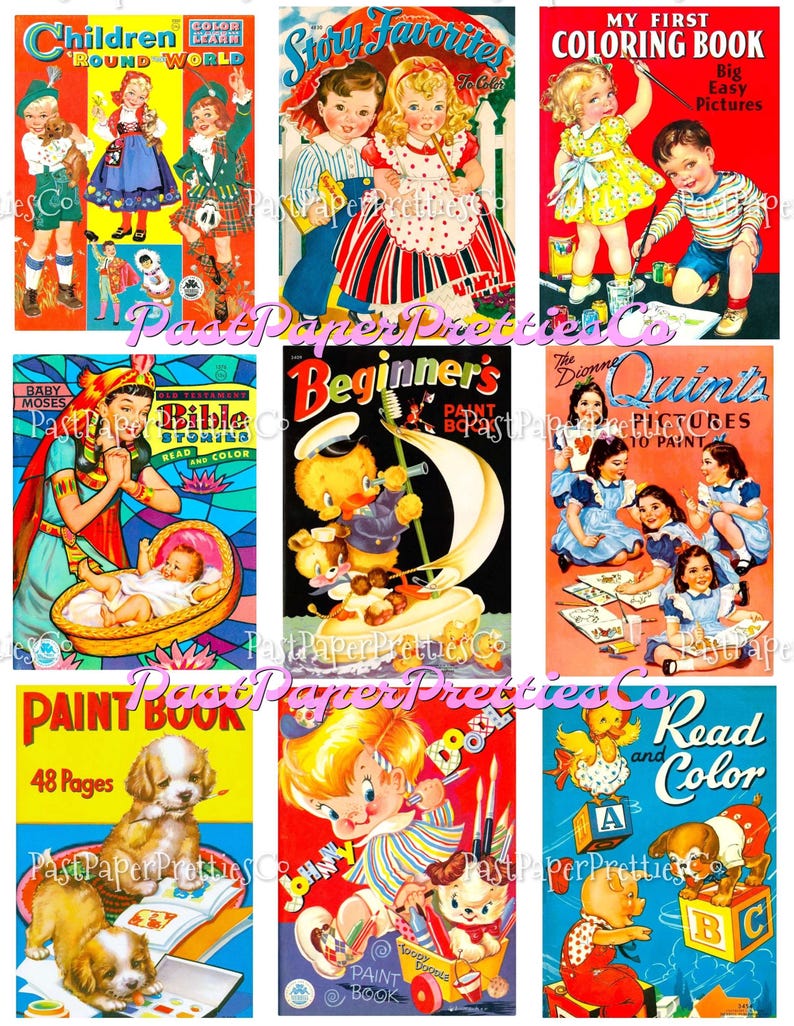 Vintage Printable Retro MCM Cute Childrens Coloring Book Covers Collage ...