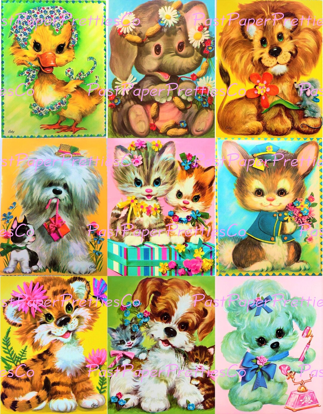 Vintage Printable Greeting Cards Retro 70s Big Eyed Animals Collage ...