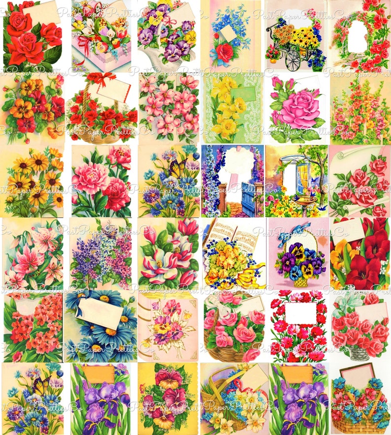 Vintage Printable Pretty Bright Flower Garden Bouquets Greeting Card ...