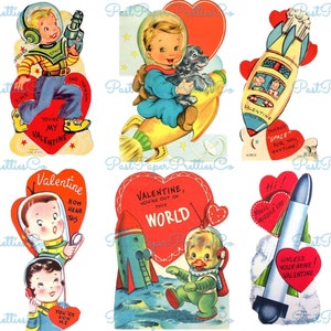 Vintage Outer Space Valentines Rocketship Astronaut Aliens Boys Girls ...