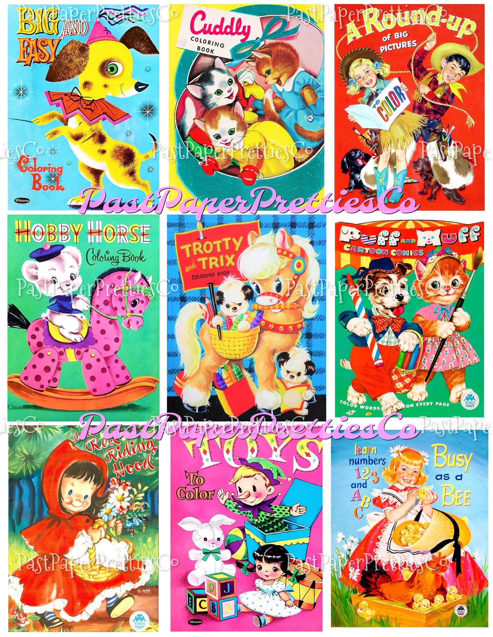 Vintage Printable Retro MCM Cute Childrens Coloring Book Covers Collage ...