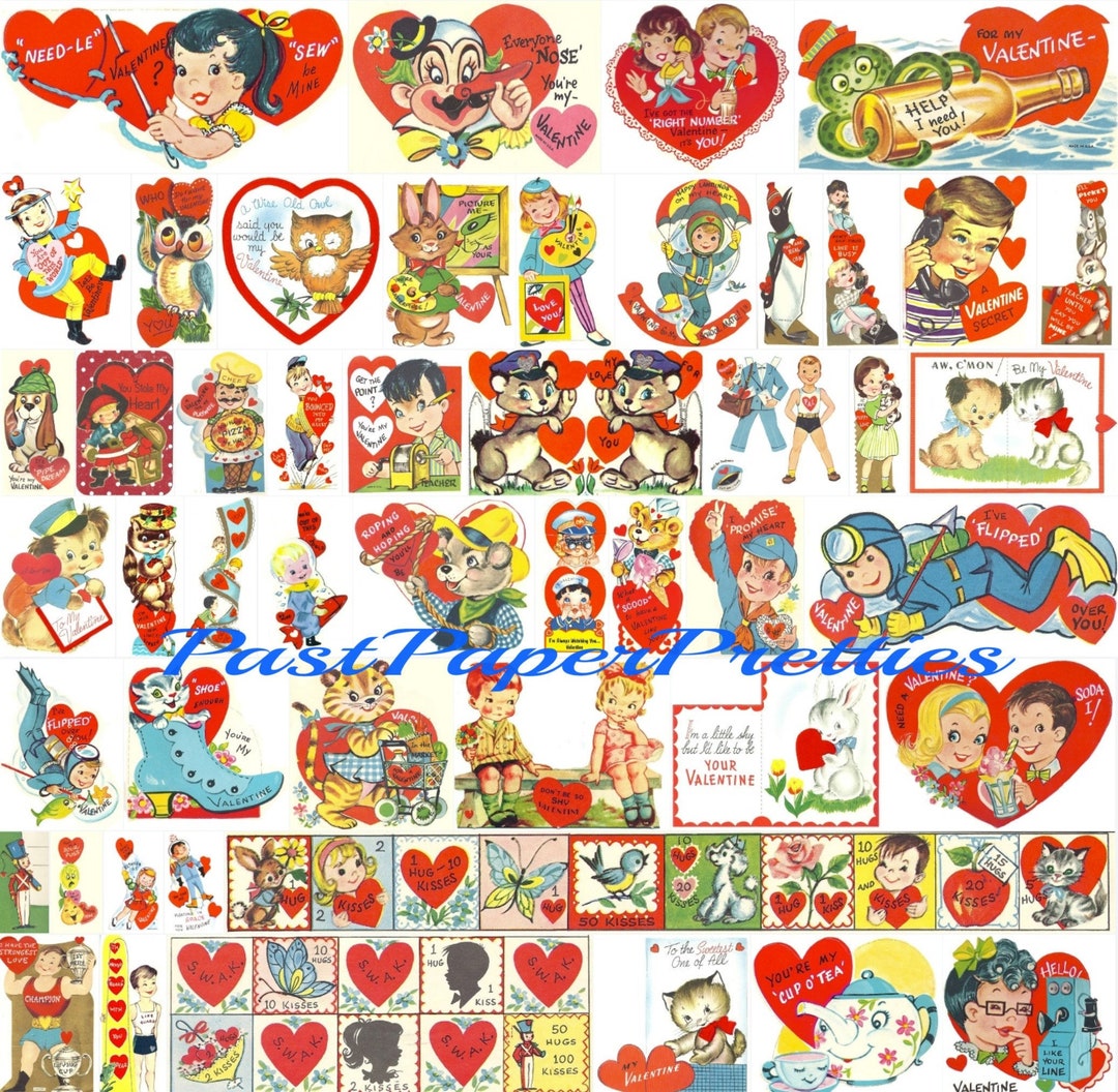 180 Vintage Printable SINGLE Valentine Cards Cute Retro Children ...