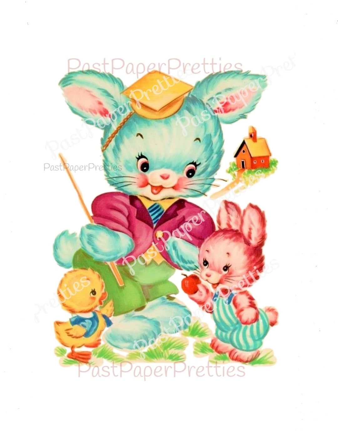Vintage Printable Blue Teacher Bunny Pink Bunny Chick Students Nursery ...