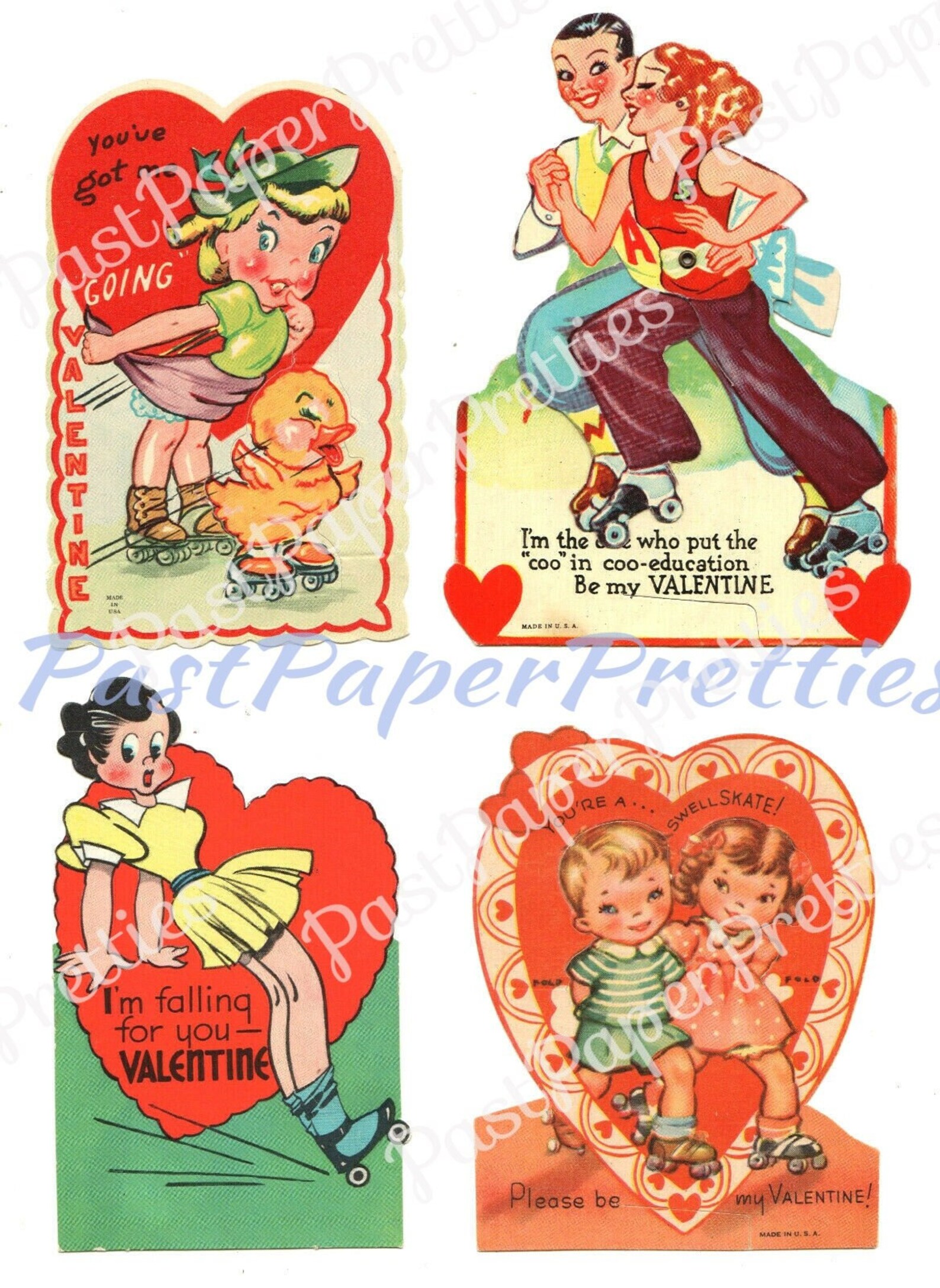 Vintage Printable Valentines Day Cards Retro Rollerskate Girls and Boys ...