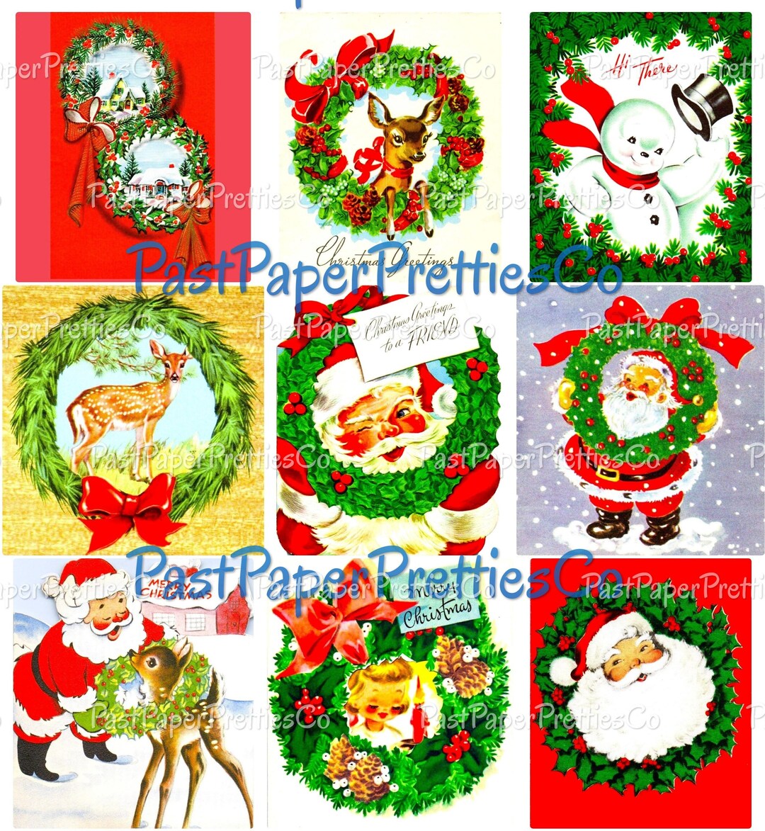 45 Vintage Printable Christmas Wreaths Collage Sheets Retro MCM Card ...