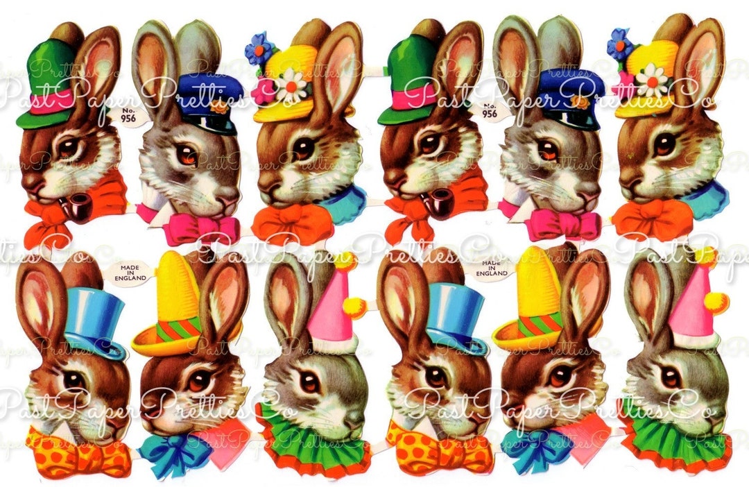 Vintage Printable Bunnies With Hats Easter Bunny Heads Paper Scraps ...