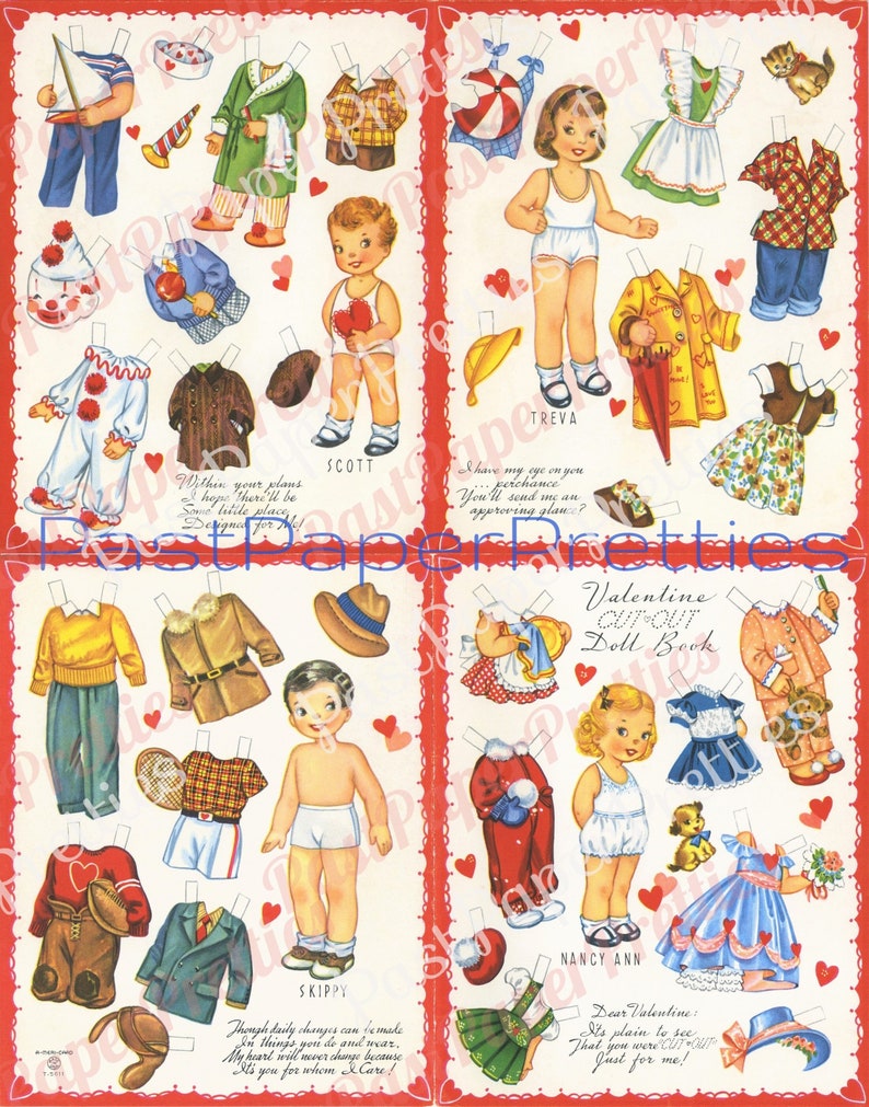 Vintage Printable Valentines Day Card Cute Cut Out Paper Dolls - Etsy