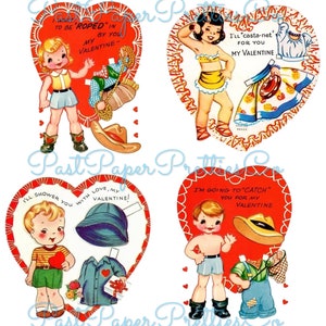 24 Vintage Paper Doll Style Valentine Cards Images Collage Sheets ...