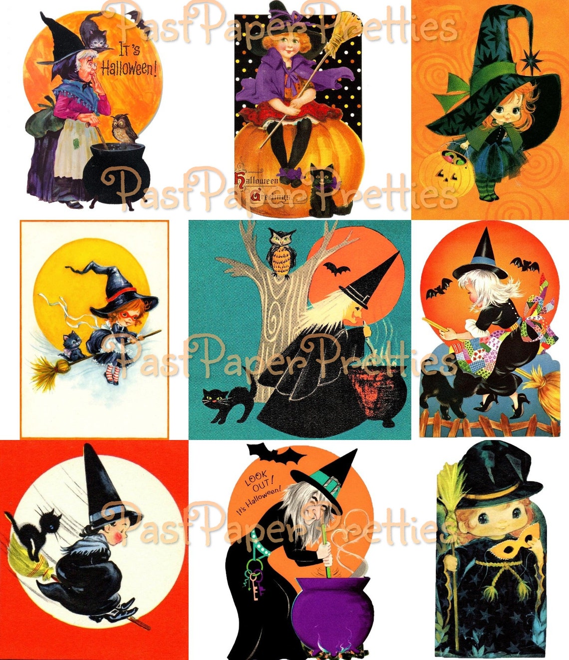 Vintage Cute Halloween Witches Collage Sheets & Full Card - Etsy