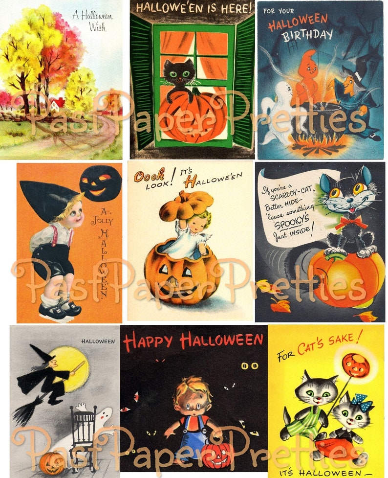 Vintage Halloween Printable Collage Cards Retro Mid Century - Etsy