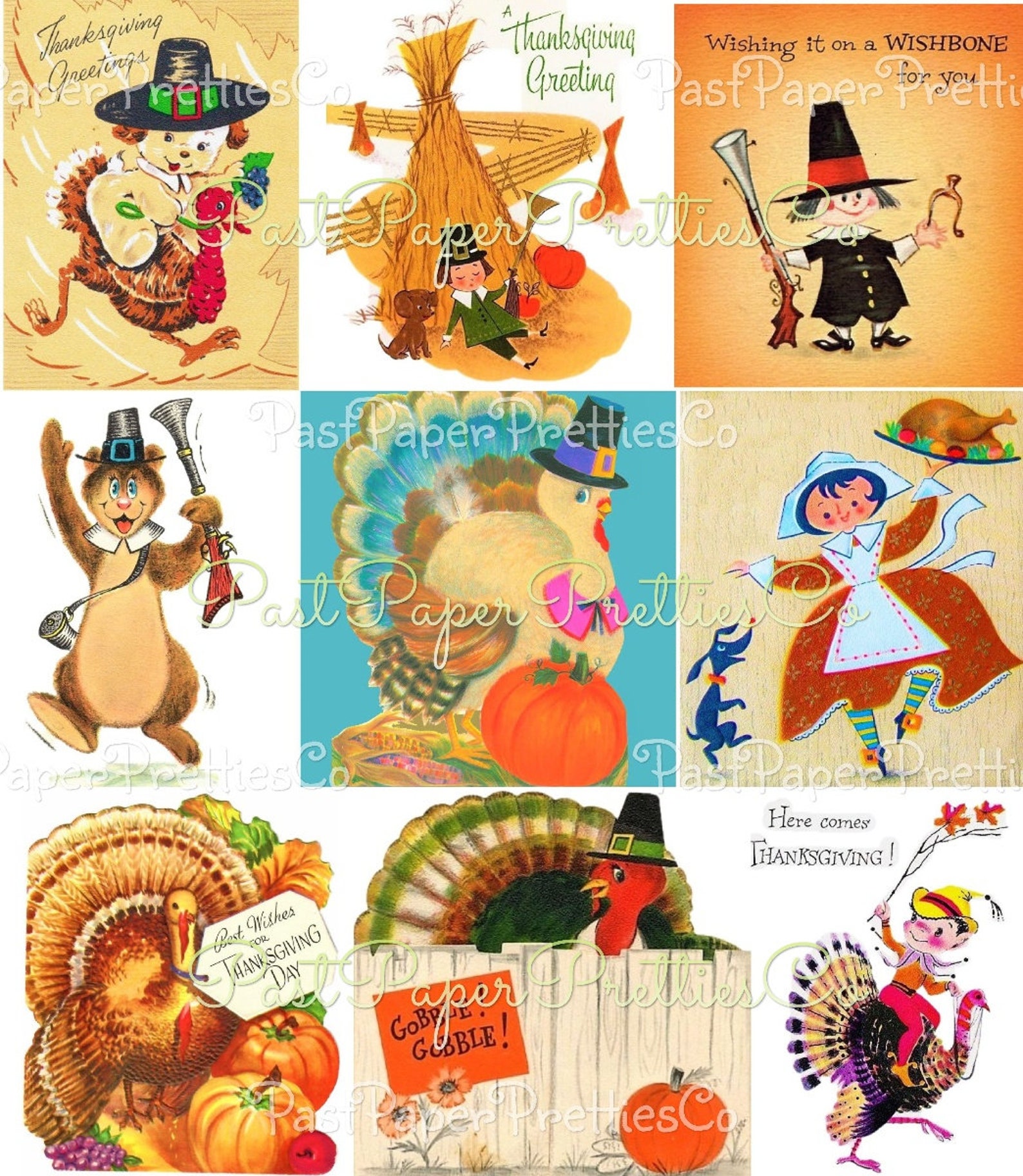 Vintage Printable Retro Thanksgiving Collage Sheets Cute Turkeys ...