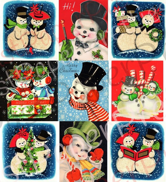 Vintage Printable Christmas Collage Sheet & Full Cards Snowman - Etsy