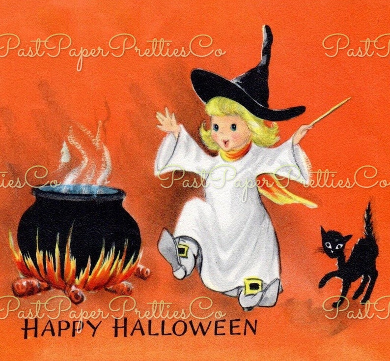 Vintage Printable Little Miss Halloween Witch Girl Card Images - Etsy