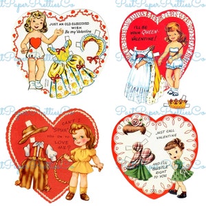 24 Vintage Paper Doll Style Valentine Cards Images Collage Sheets ...