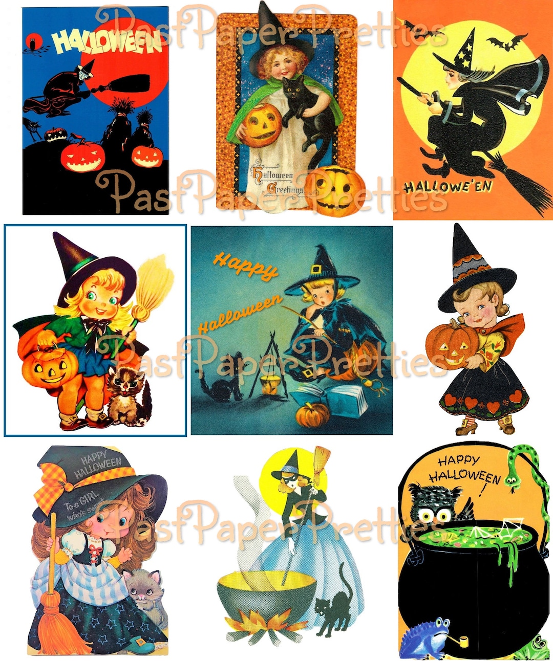 Vintage Cute Halloween Witches Collage Sheets & Full Card Images ...