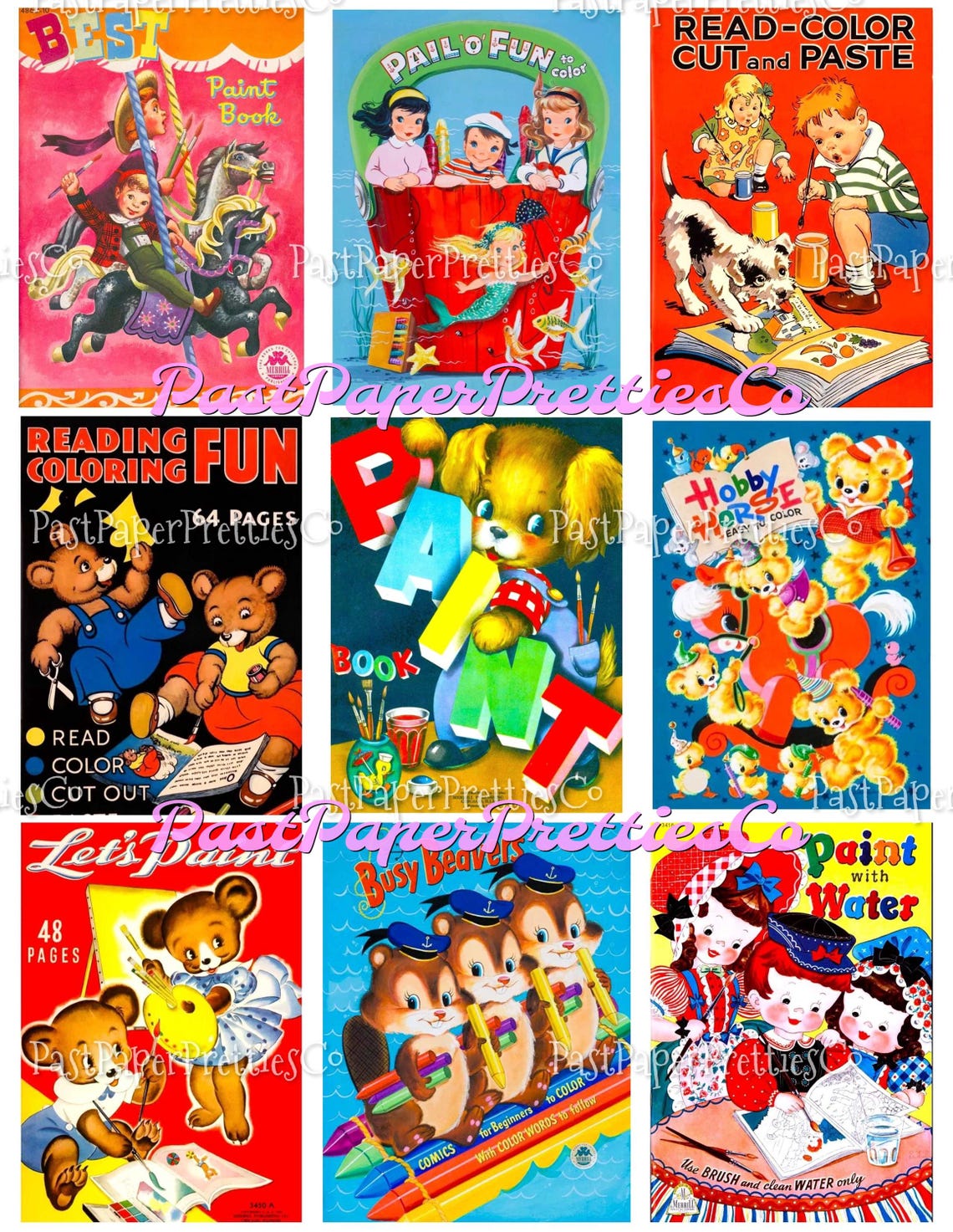 Vintage Printable Retro MCM Cute Childrens Coloring Book Covers Collage ...