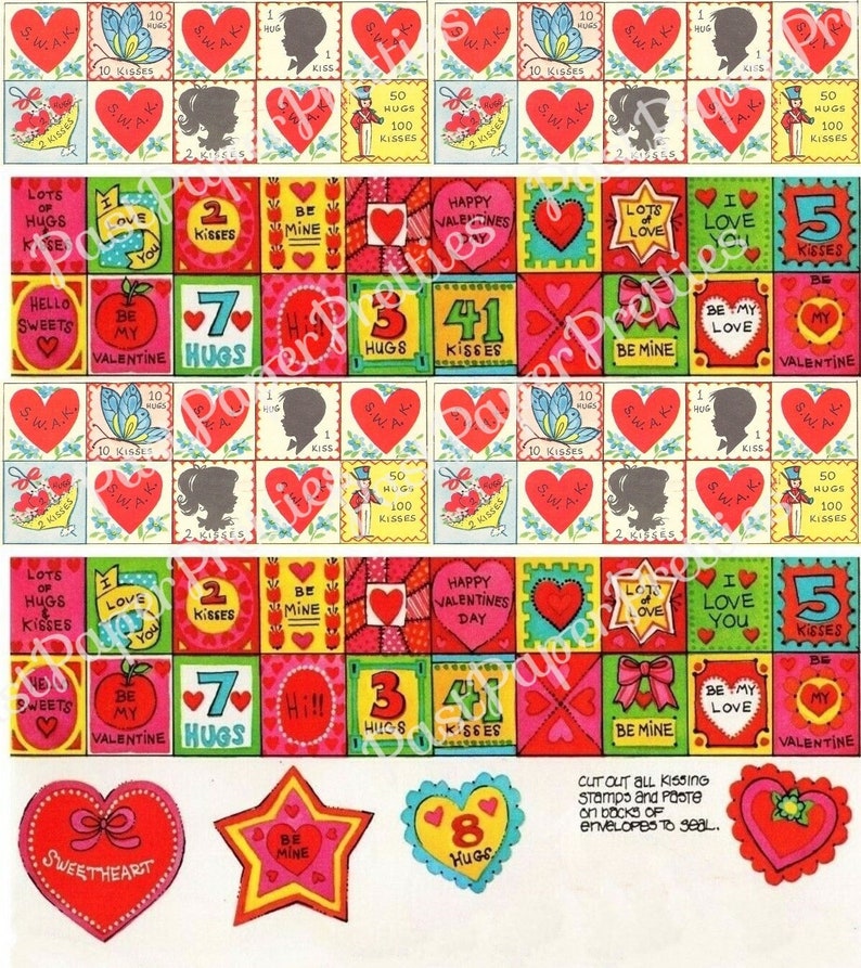 Vintage Printable Retro Valentines Envelopes and Kissing Stamps Seals ...