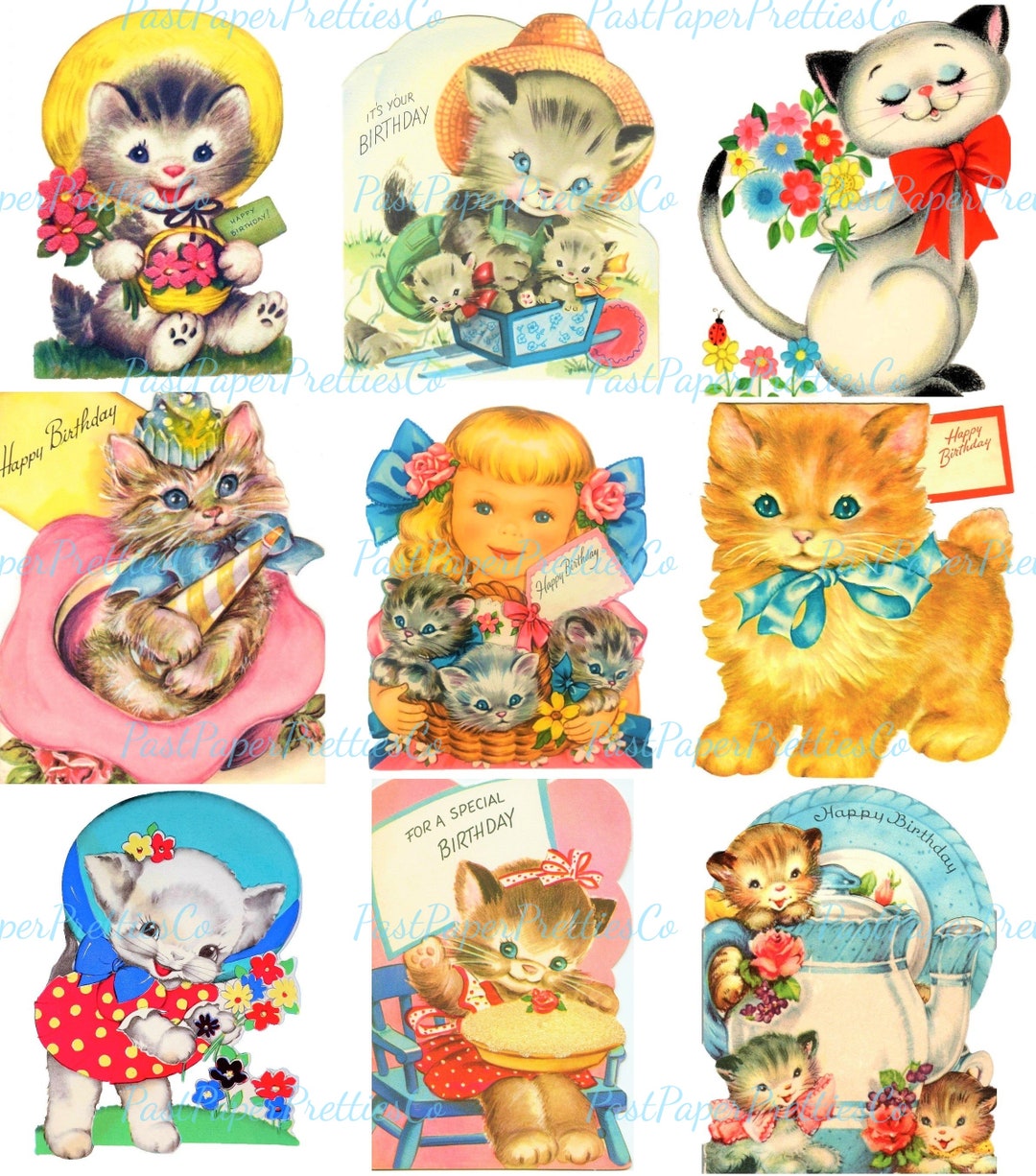Vintage Printable Kitty Cat Happy Birthday Collage Sheets Fussy Die ...