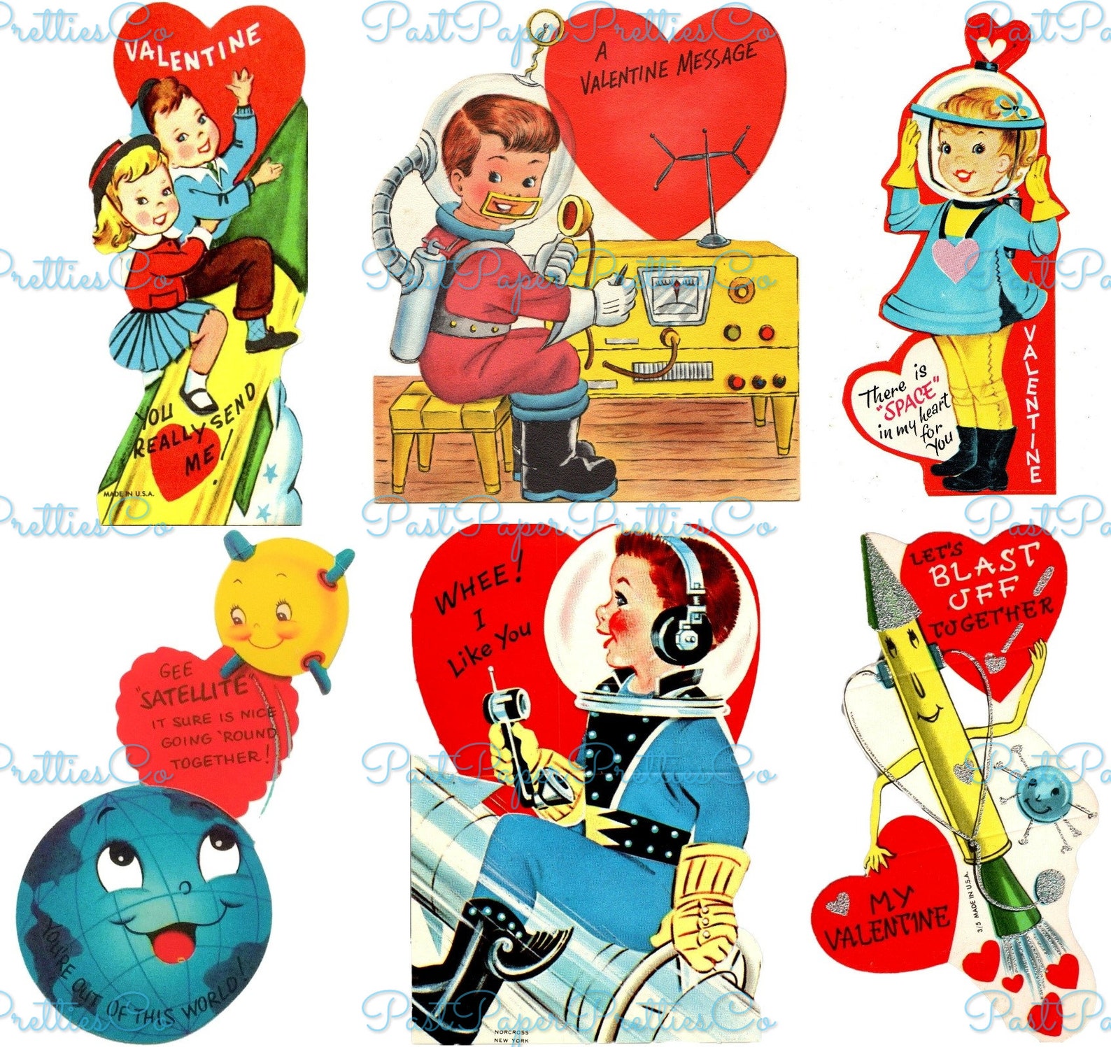 Vintage Outer Space Valentines Rocketship Astronaut Aliens Boys Girls ...