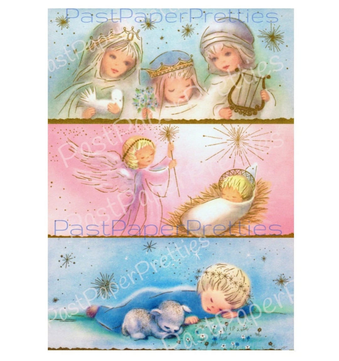 Vintage Printable Pastel Nativity Scene Creche Children Christmas Card ...