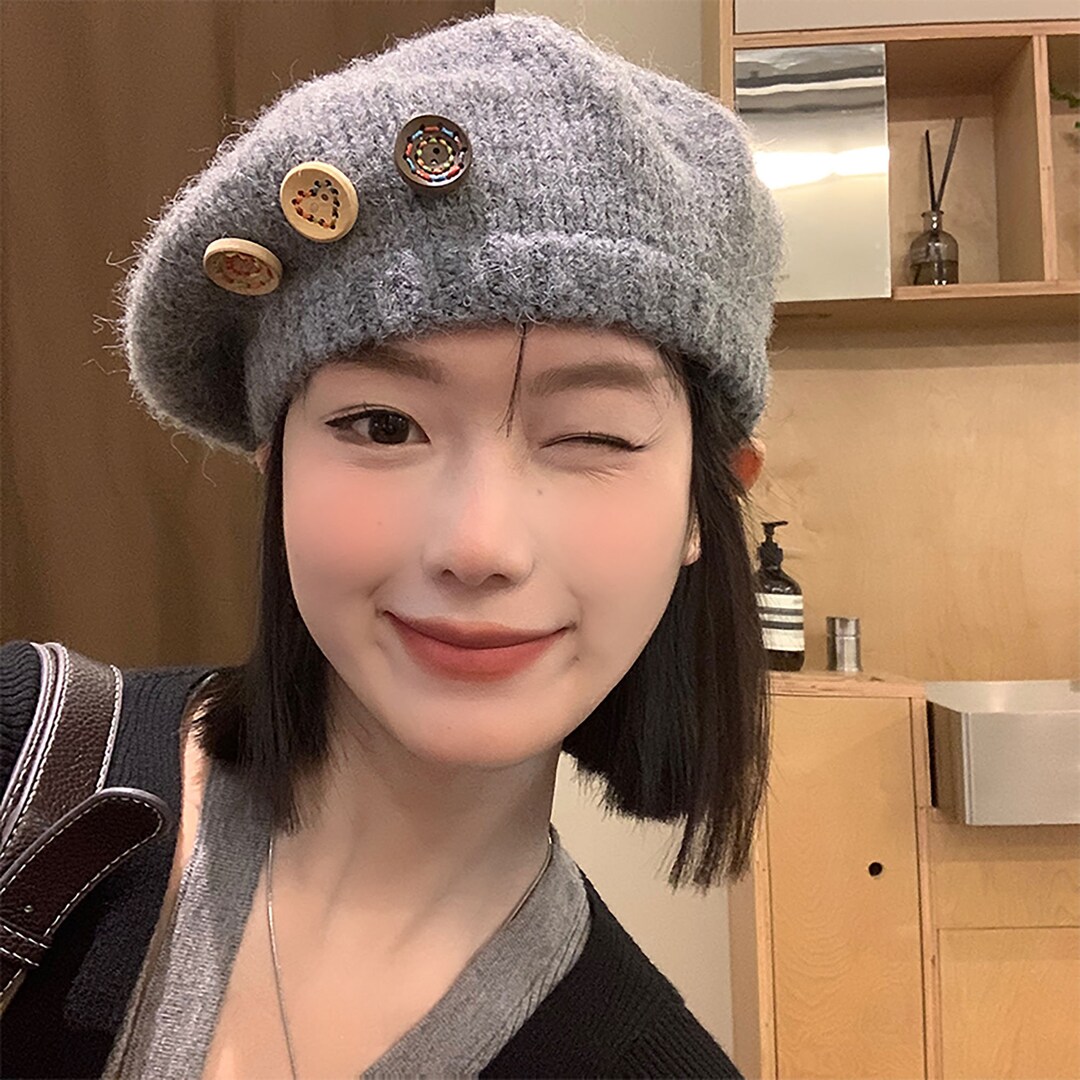 Japanese Grey Button Beret Female Autumn and Winter Bud Painter Hat ...