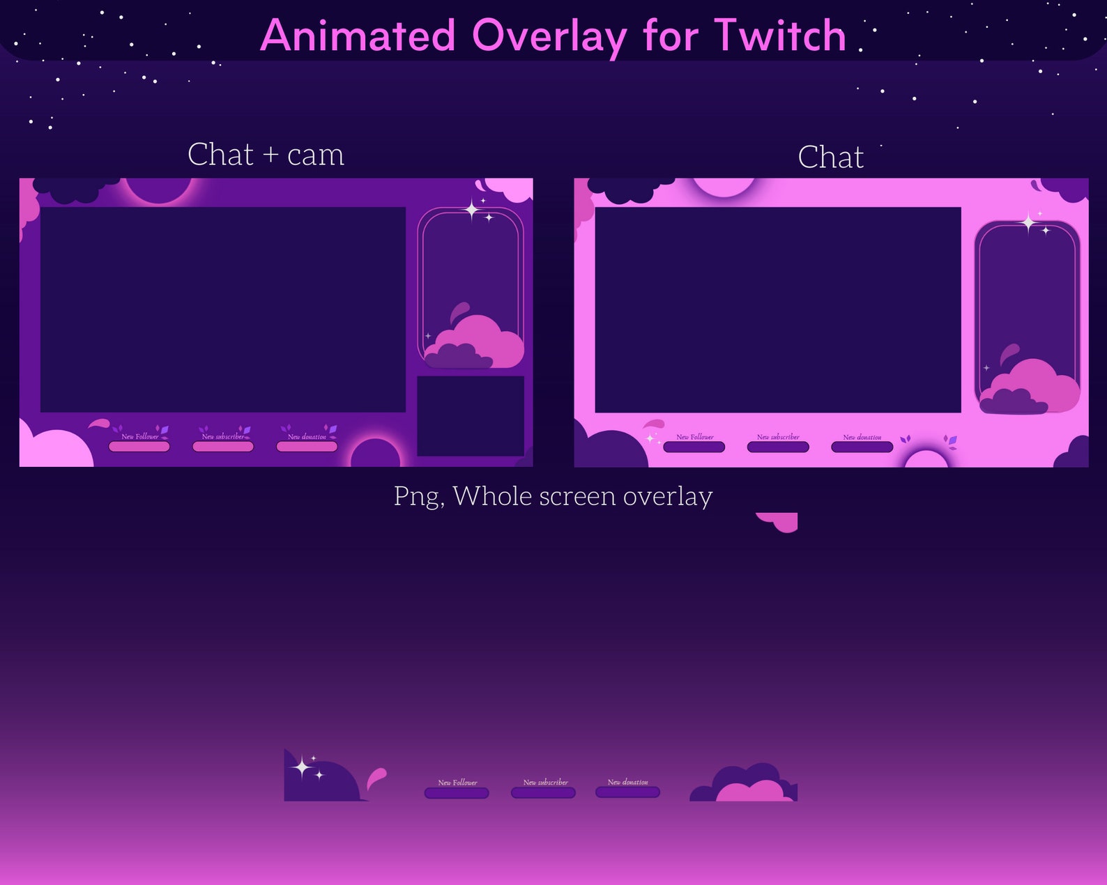Cozy Animated Purple Overlay Twitch Package, Twitch Overlay Cute Pink ...