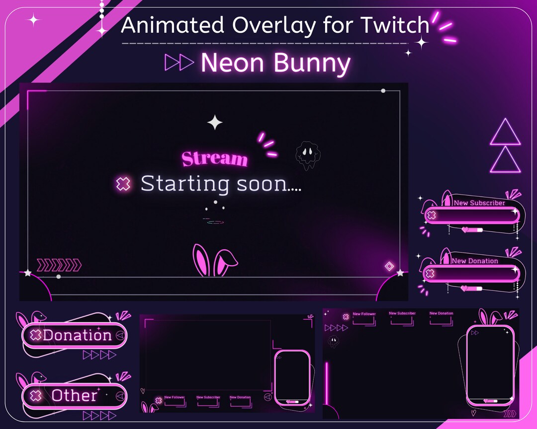 Animated Neon Bunny Overlay Twitch Package, Twitch Panels, Twitch ...