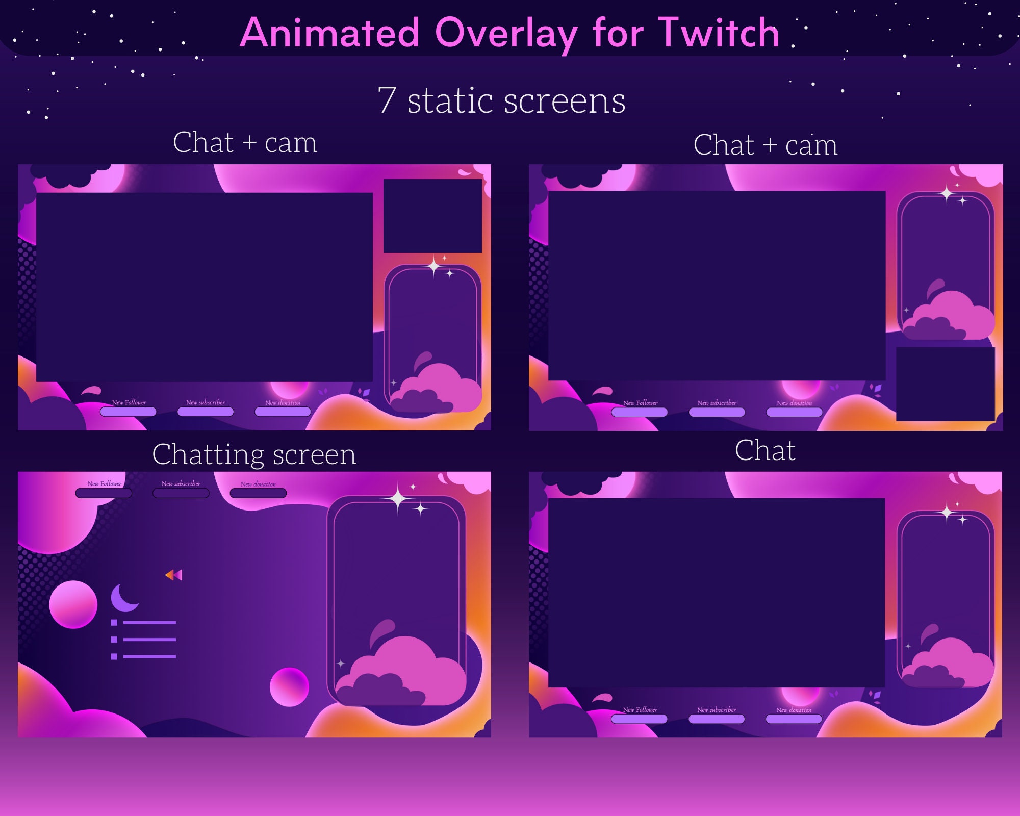 Cozy Animated Purple Overlay Twitch Package, Twitch Overlay Cute Pink ...