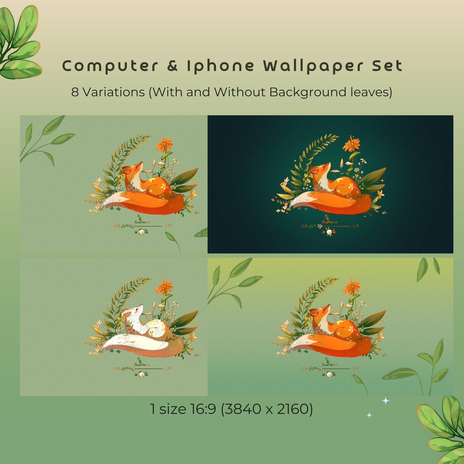 Floral Fox Windows Wallpaper Set, Cute Desktop Wallpaper, Arctic Fox Hd ...