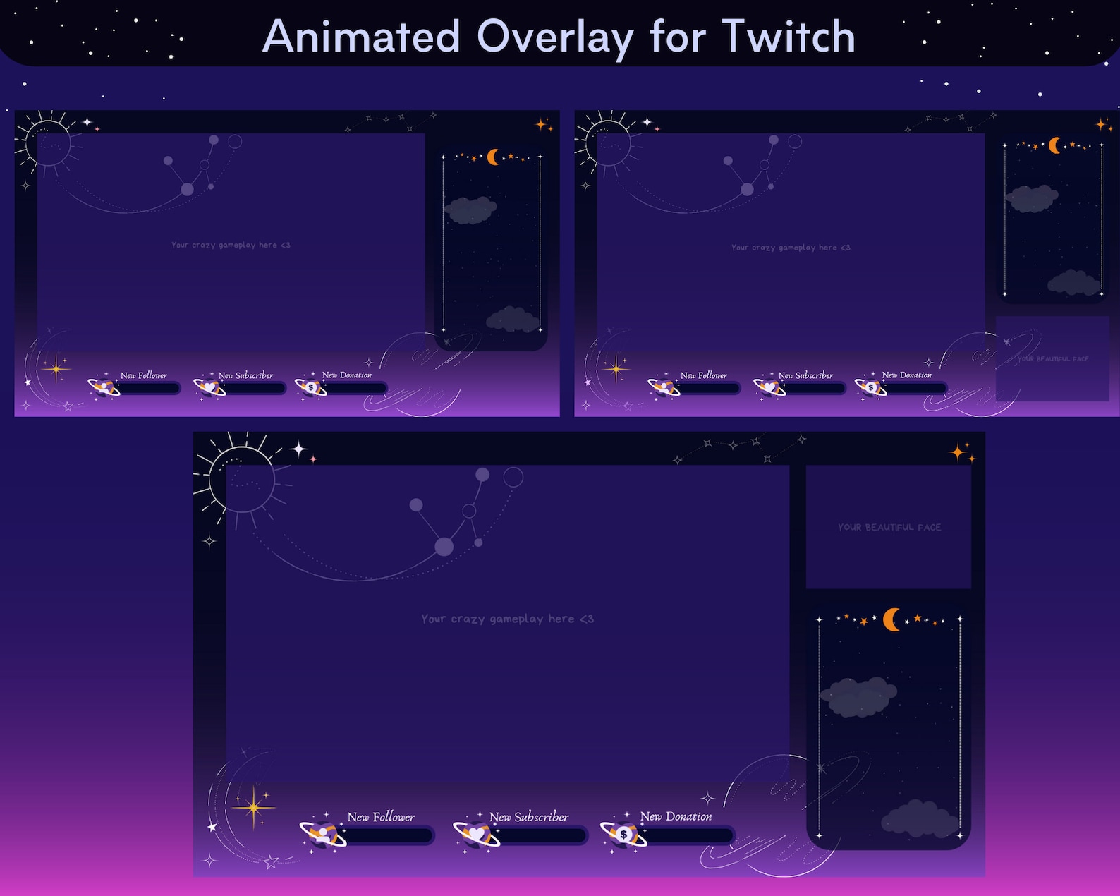 Cute Animated Starry Night Overlay Pack for Twitch, Lightning, Night ...