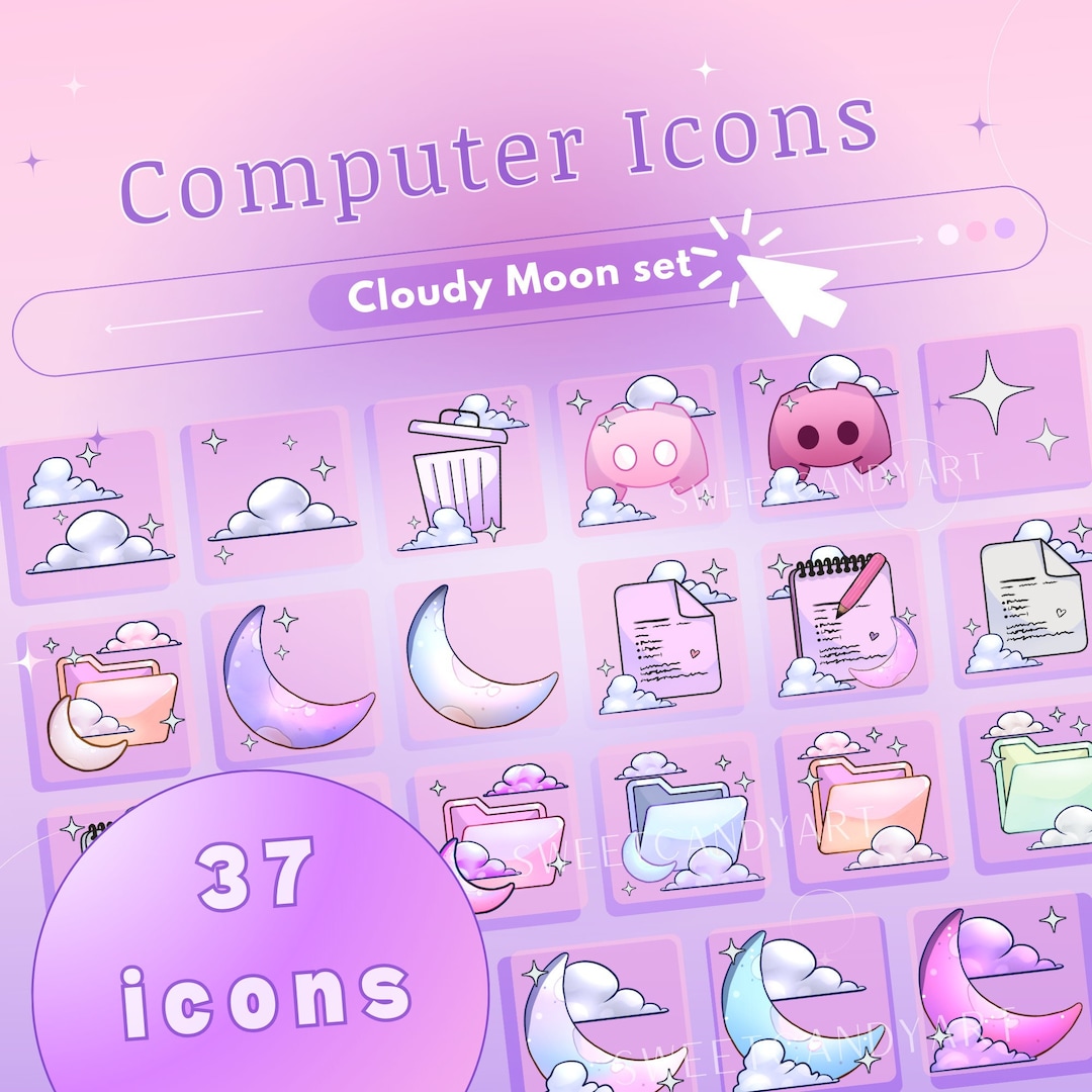 Cloudy Moon Computer Icon Set, Aesthetic Icons for Mac, Cute Desktop ...