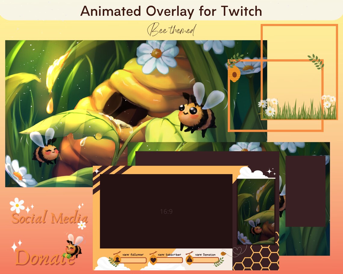 Cute Animated Bee Overlay for Twitch, Bumblebee, Animated Overlay Pack ...