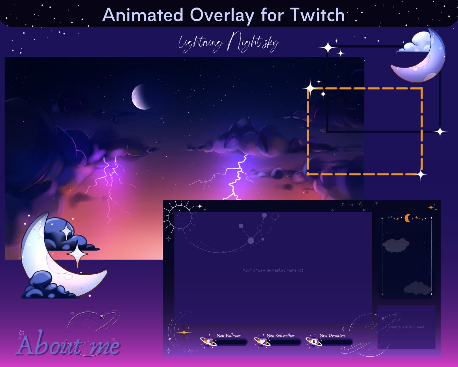 Cute Animated Starry Night Overlay Pack for Twitch, Lightning, Night ...
