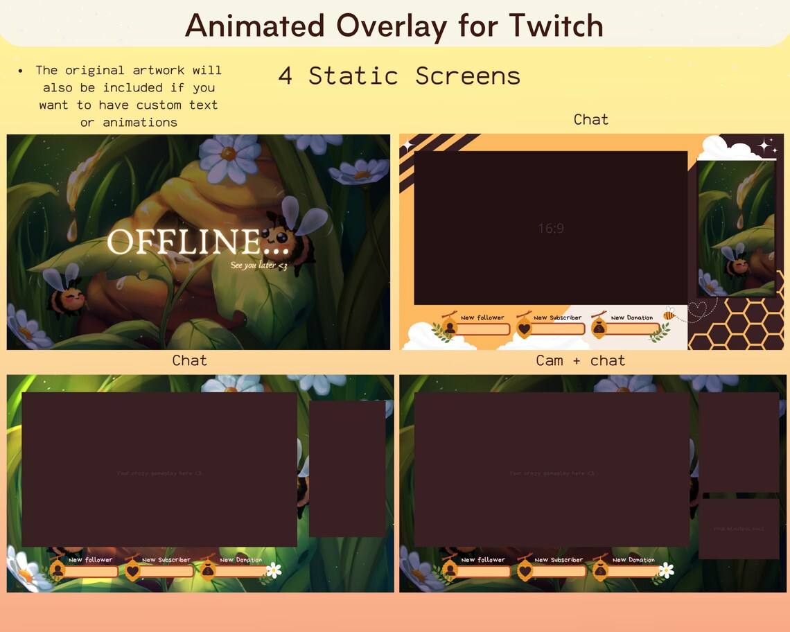 Cute Animated Bee Overlay for Twitch, Bumblebee, Animated Overlay Pack ...