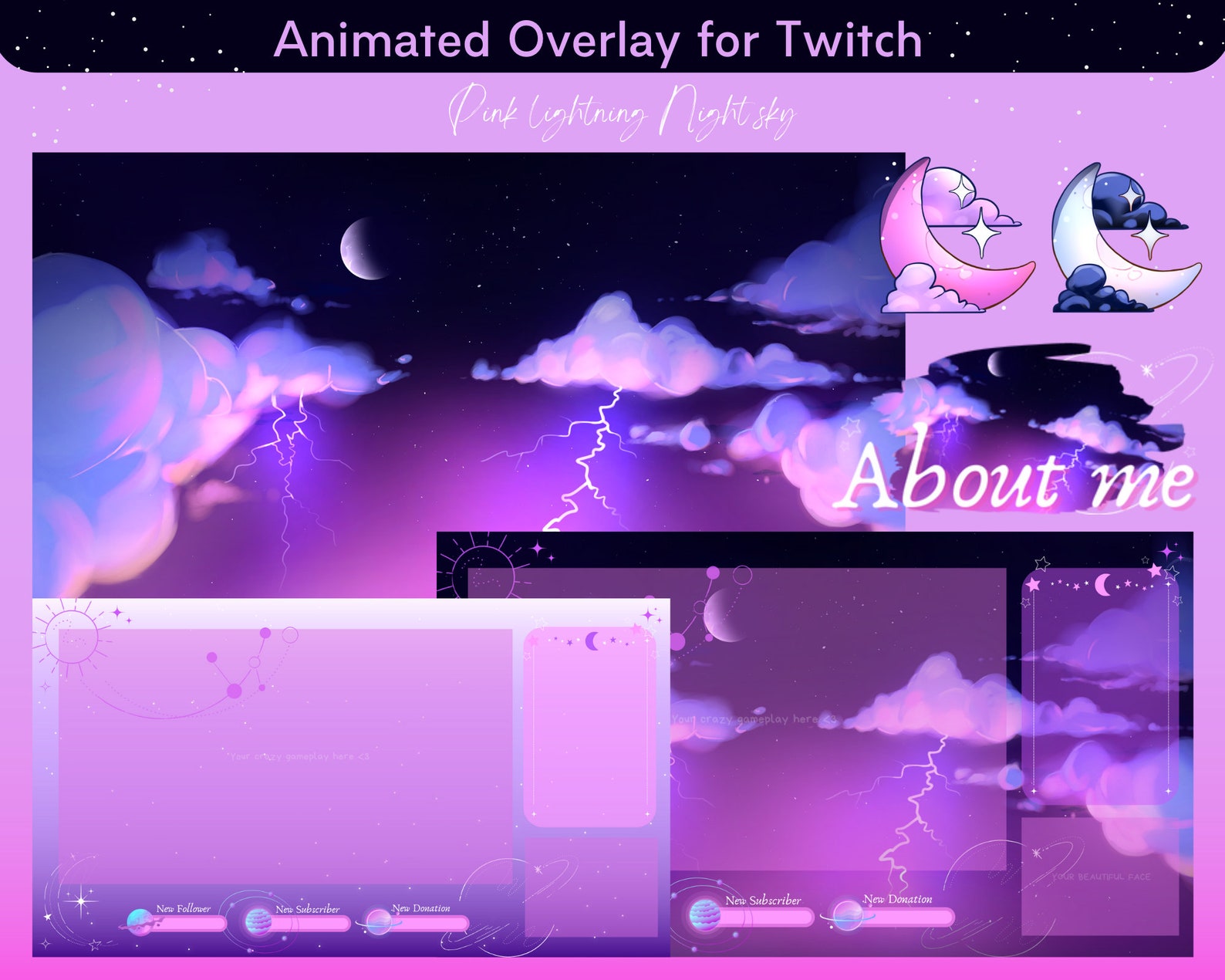 Animated Dreamy Starry Night Overlay Pack for Twitch, Pink Sky Night ...