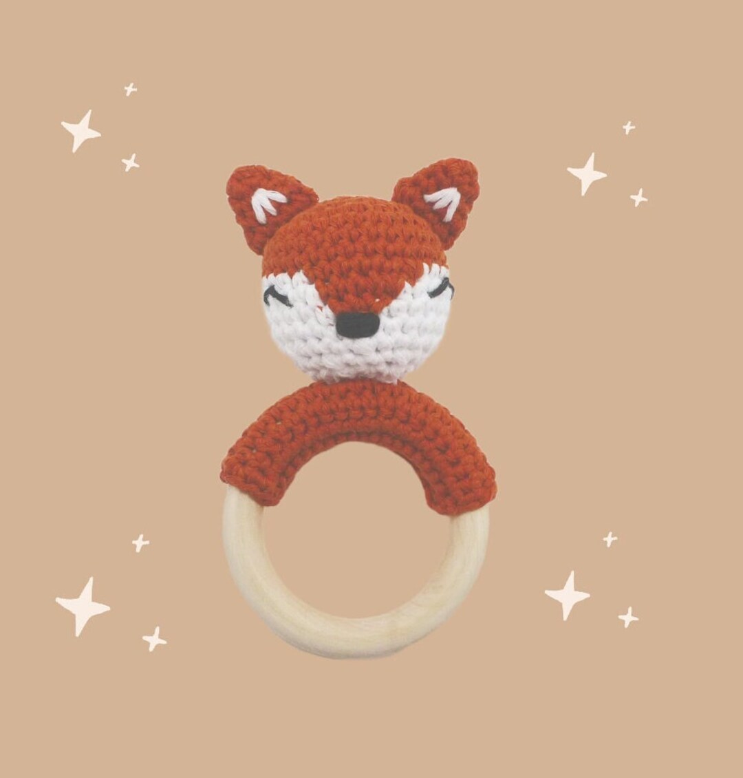 Rattle Fox on Wooden Ring 13 Cm High Red Brown Cotton Rattle Hand ...