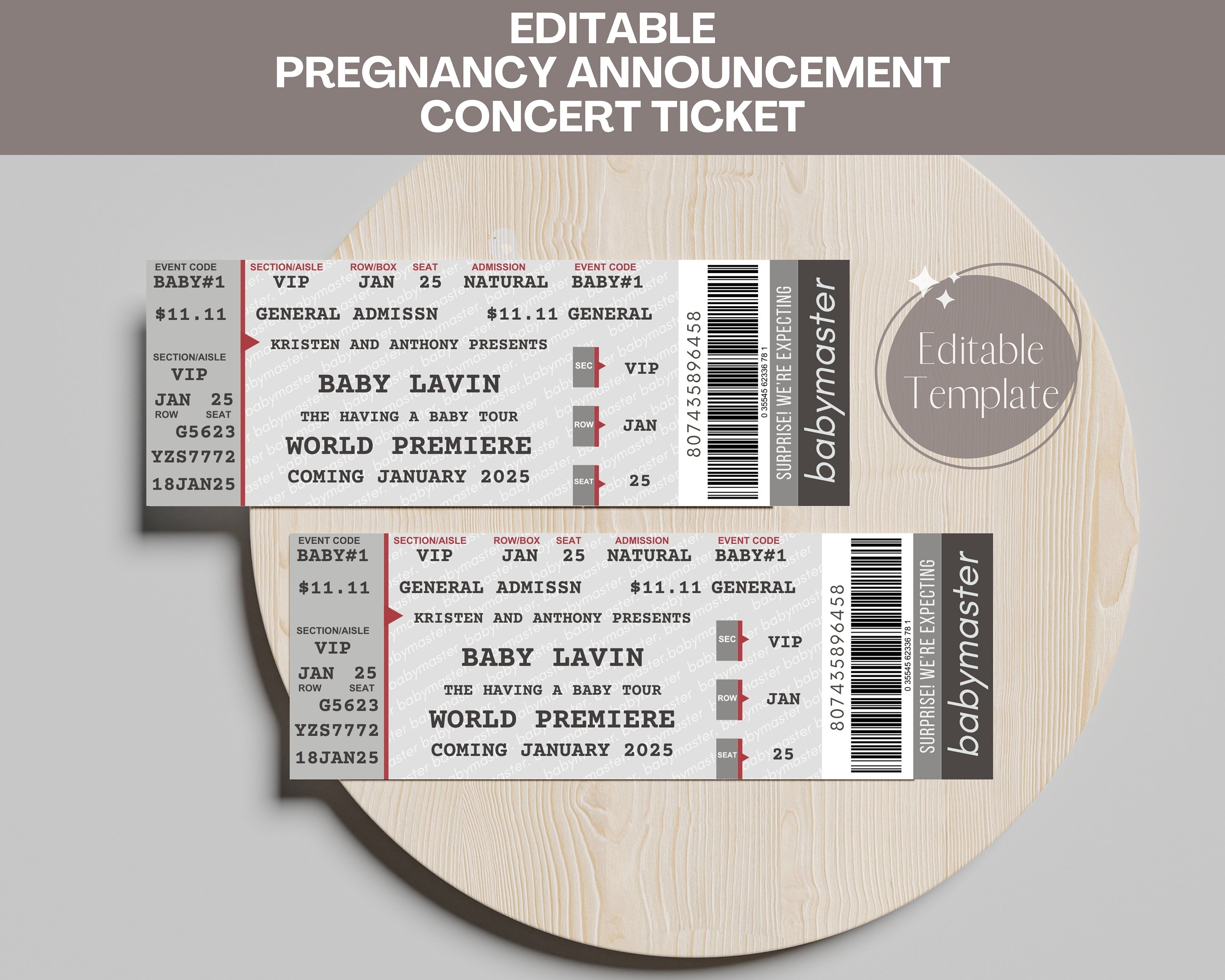 Editable Pregnancy Announcement Ticket, Custom Concert Ticket Baby ...