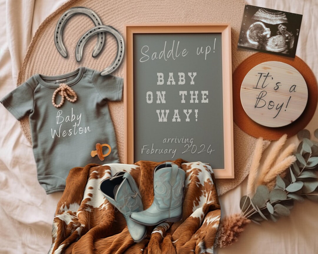 Cowboy Digital Pregnancy Announcement, Western Boho Baby Announcement ...