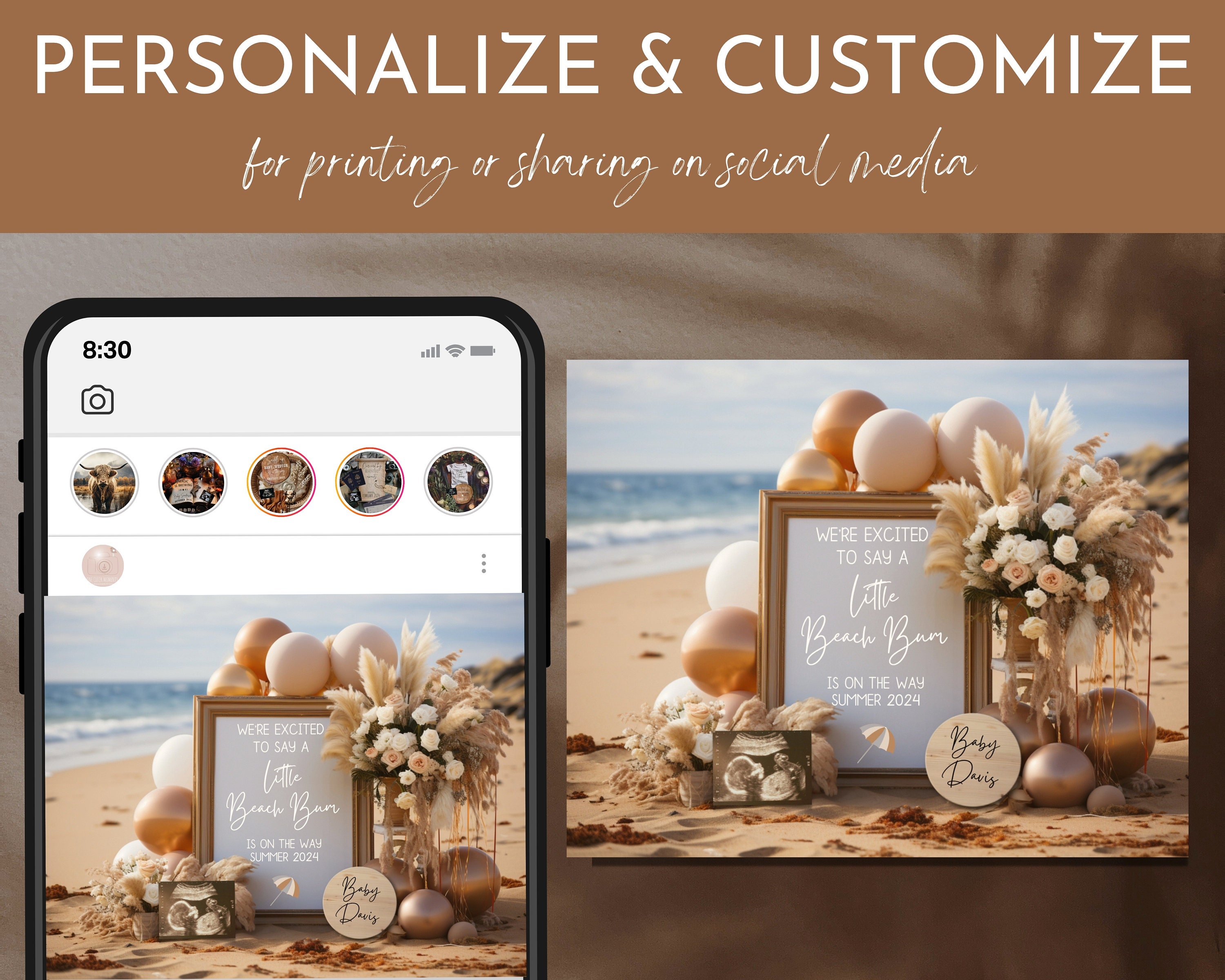Digital Beach Pregnancy Announcement, Boho Gender Neutral Social Media ...