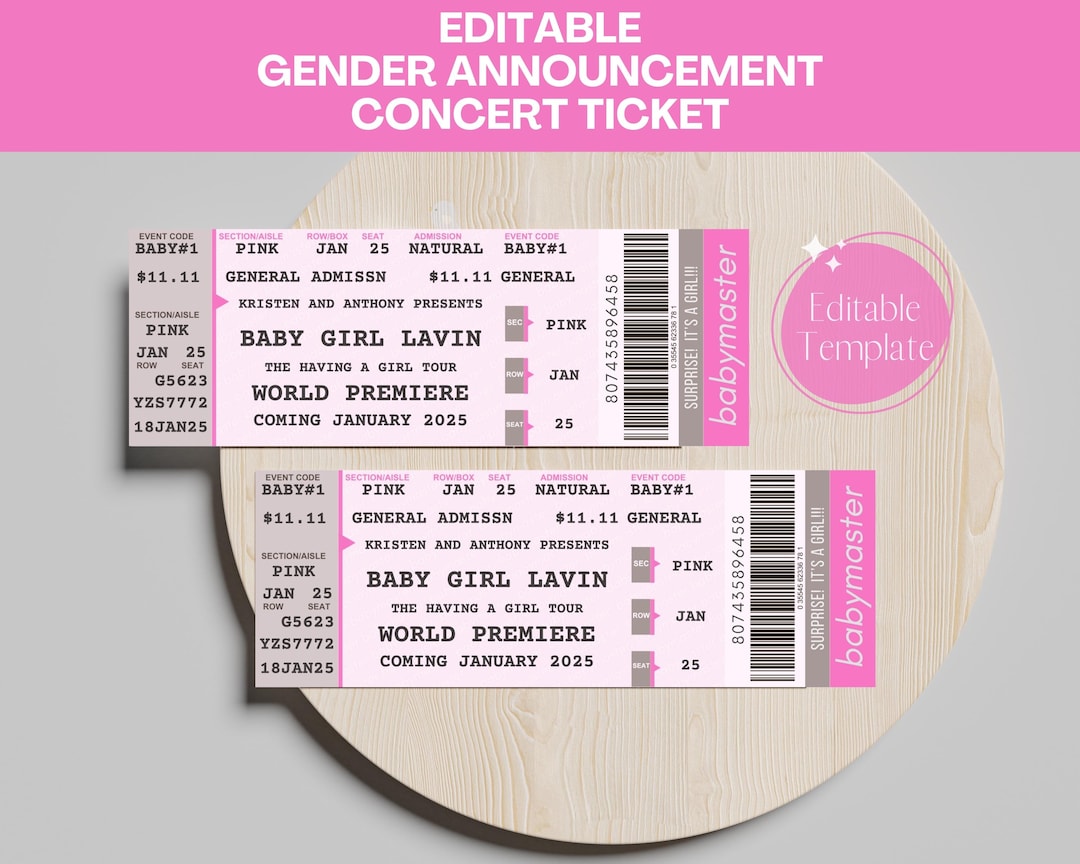 Editable Gender Announcement Ticket, Custom Concert Ticket, Baby Girl ...