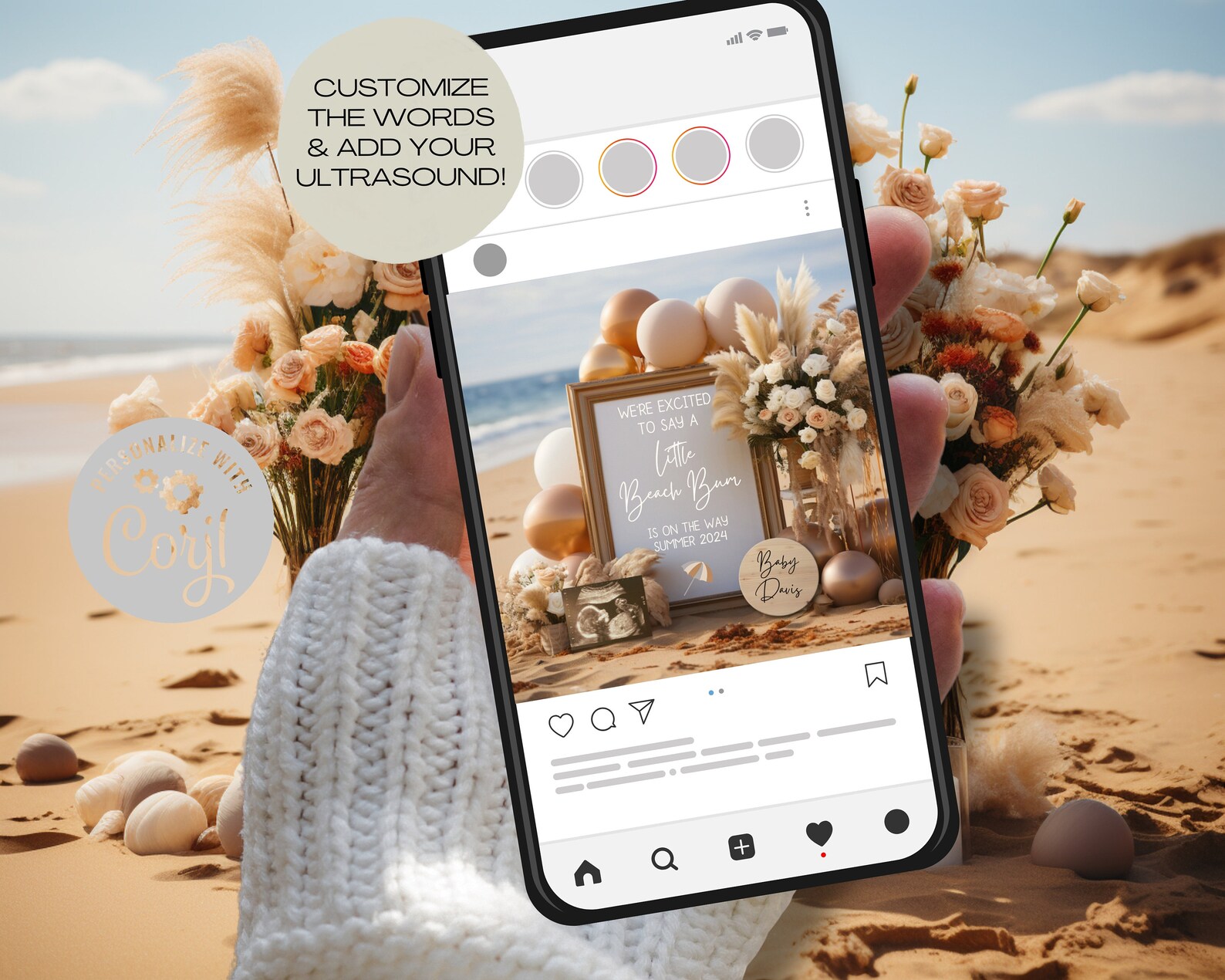 Digital Beach Pregnancy Announcement, Boho Gender Neutral Social Media ...