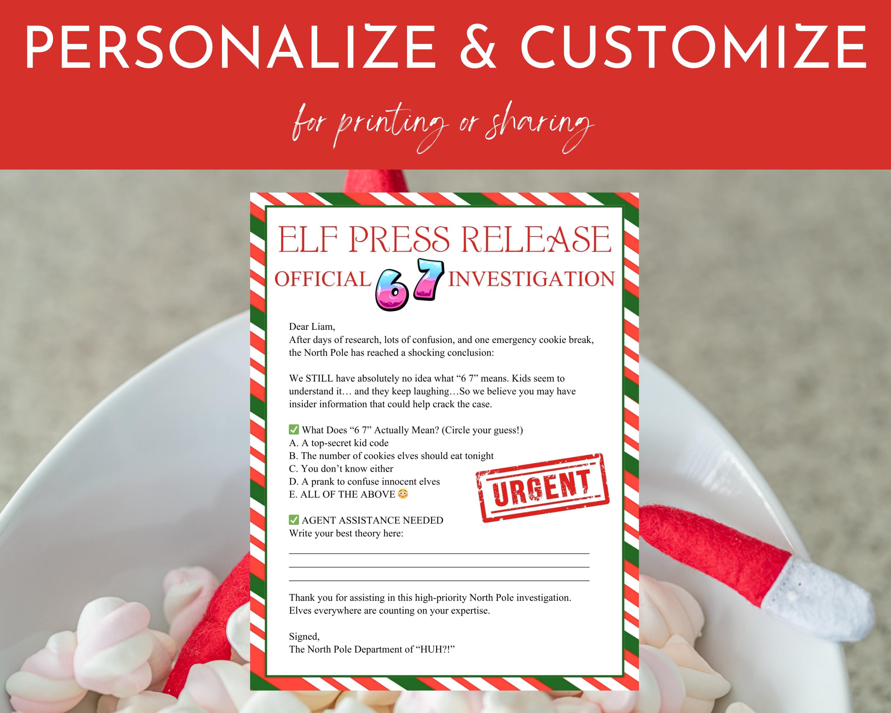 Funny 6 7 Elf Idea, What is 67 Printable, Elf Detective Props for Older ...