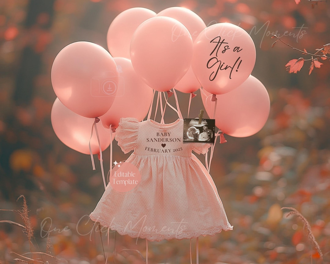 It's a Girl Pregnancy Announcement Digital, Pink Balloons Baby Girl ...