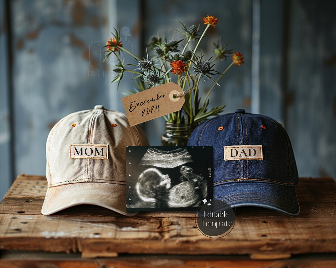 Simple Minimalist Pregnancy Announcement, EDITABLE Mom Dad Hats, First ...