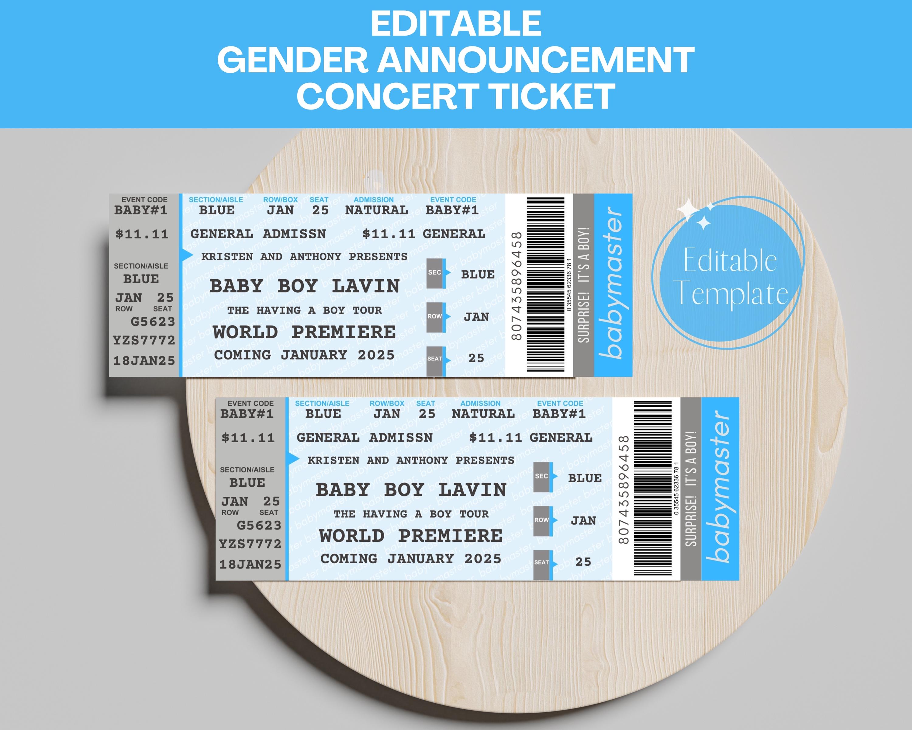 Editable Gender Announcement Ticket, Custom Concert Ticket, Baby Boy ...