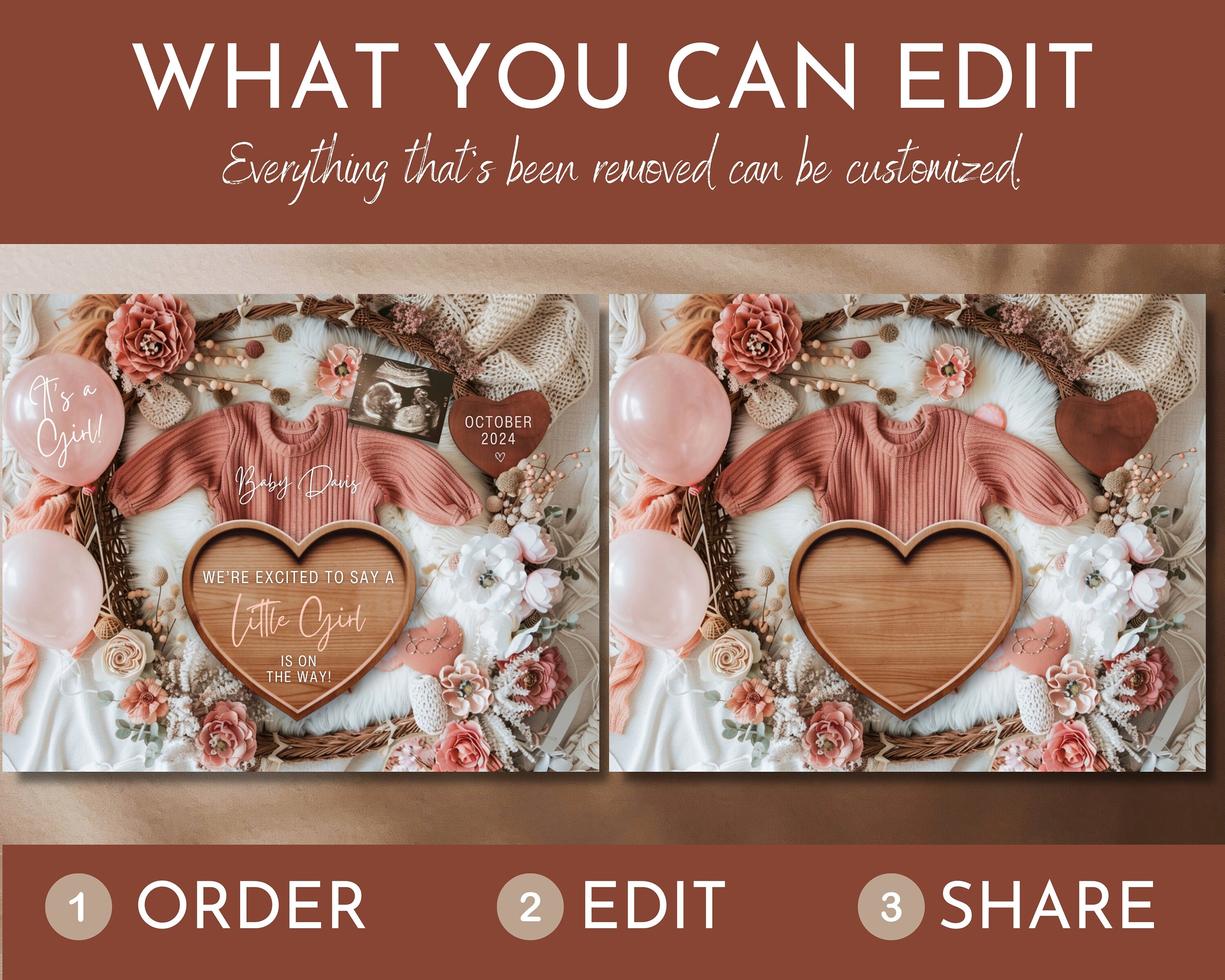 Boho Girl Pregnancy Announcement, Cute Baby Girl Reveal, Pink Balloons ...