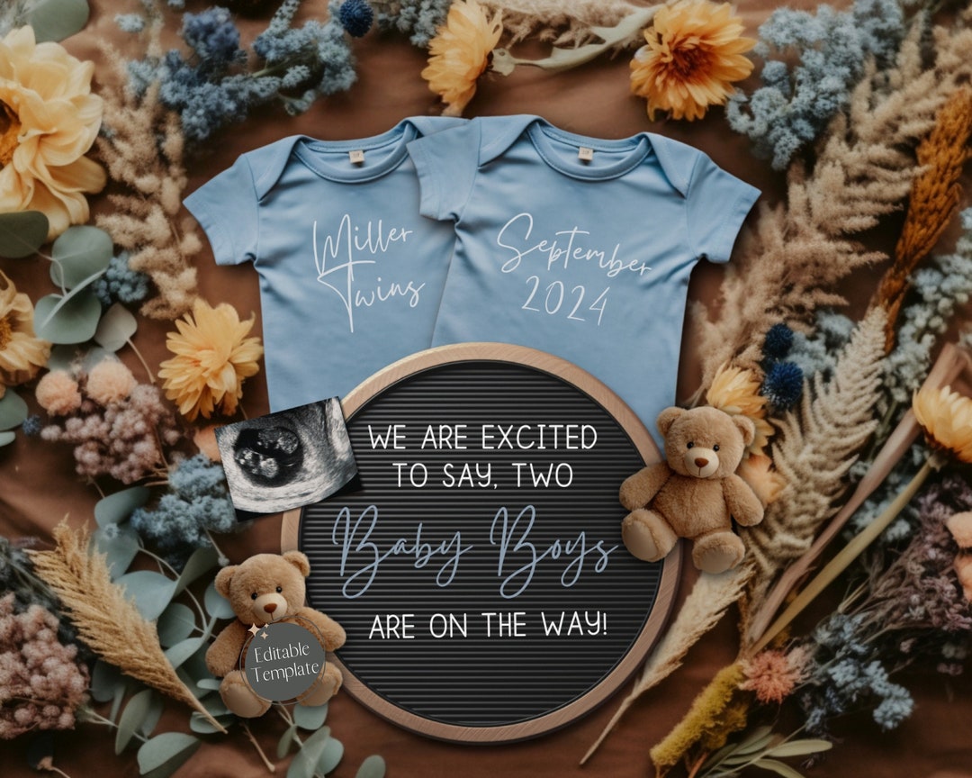 Boho Boy Twin Pregnancy Announcement, Digital Fraternal Boy Babies ...