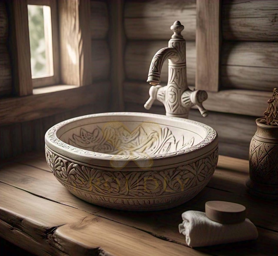 Carved Single White-washed Sink Solid Basin Wall-mounted or Countertop ...